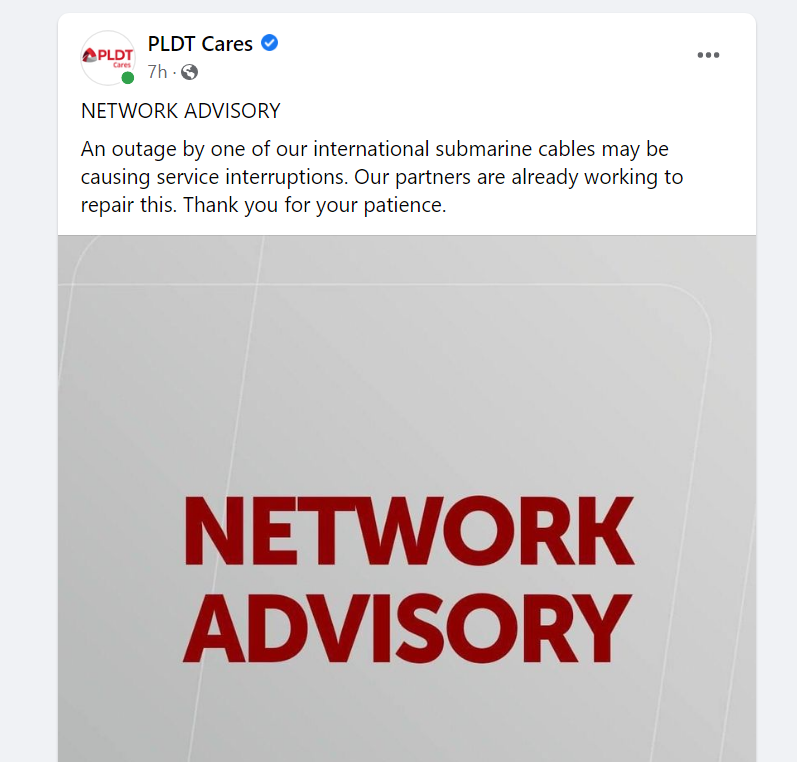 PLDT Reports Possible Service Interruptions Due To Cable Outage PLDT Reports Possible Service Interruptions Due To Cable Outage